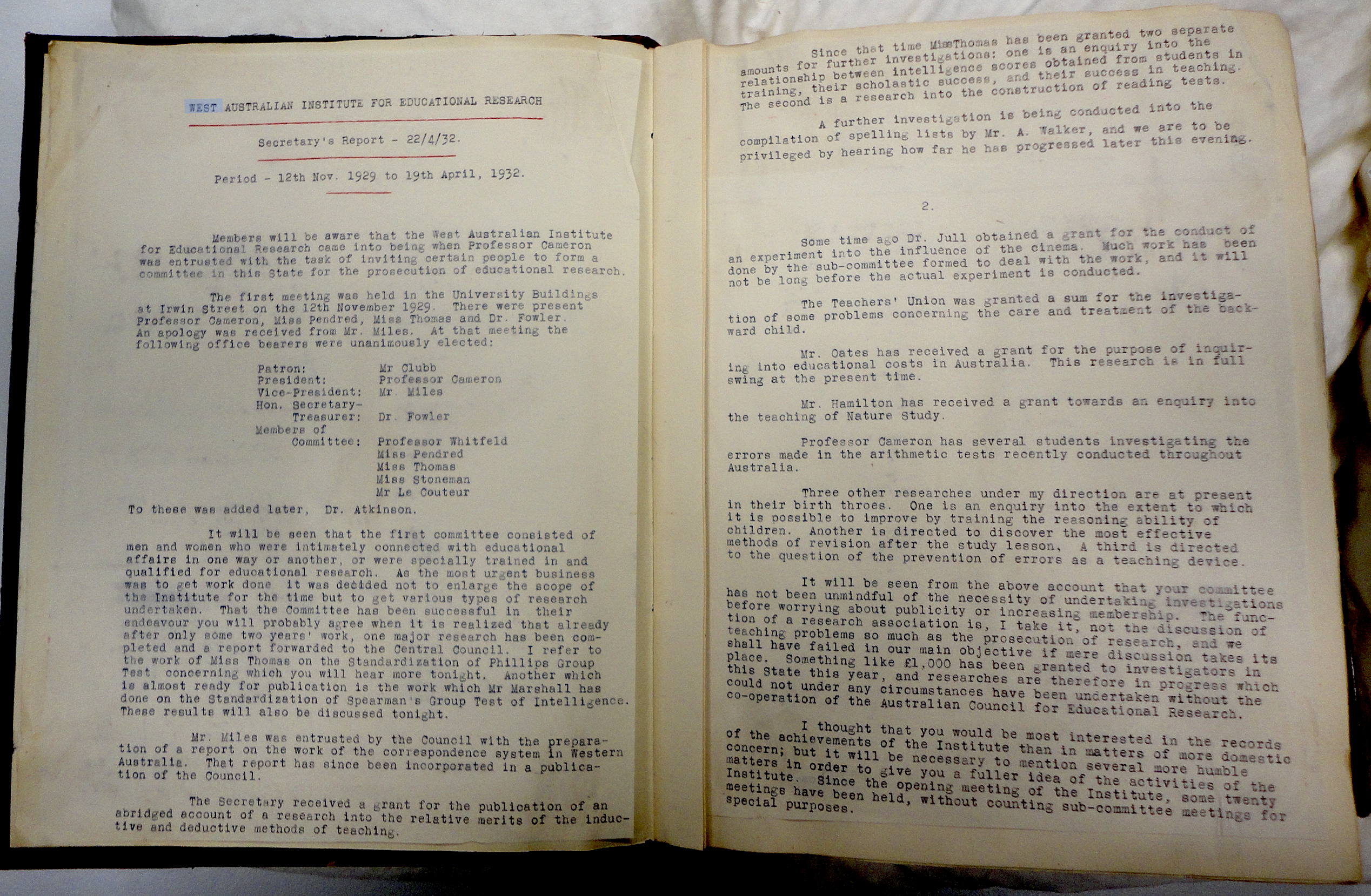 WAIER: Contents of Minute books 1929-1963